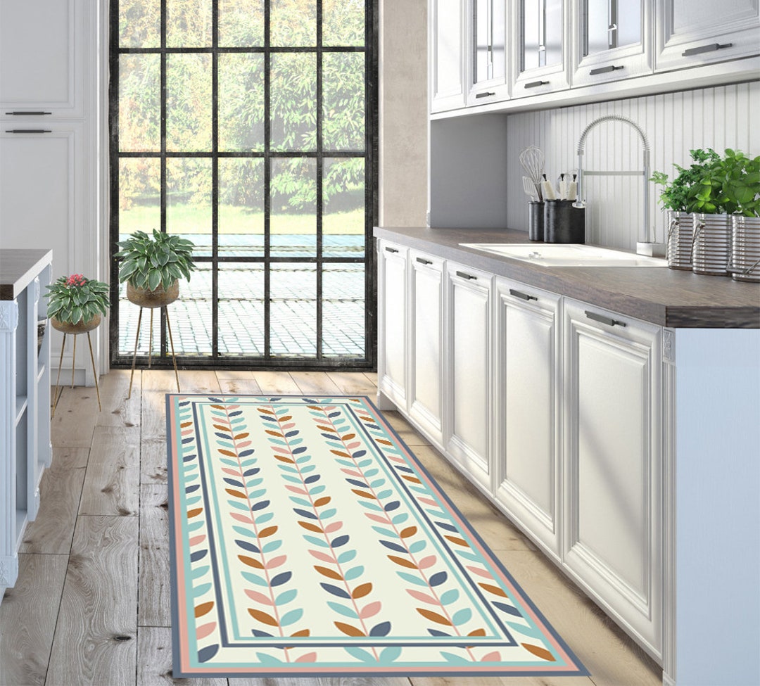 Vinyl Mat .scandinavian Leaf Pattern . Vinyl Floor Mat . Linoleum Rug ...