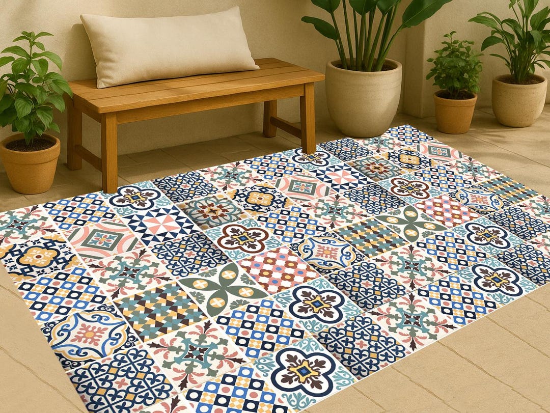 Moroccan Vinyl Floor Mat: Decorative PVC Rug, Tile Pattern - Etsy