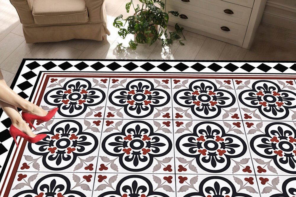Black & White Vinyl Mat, Vinyl Tiles Mat,floor Mat, Linoleum Rug ...