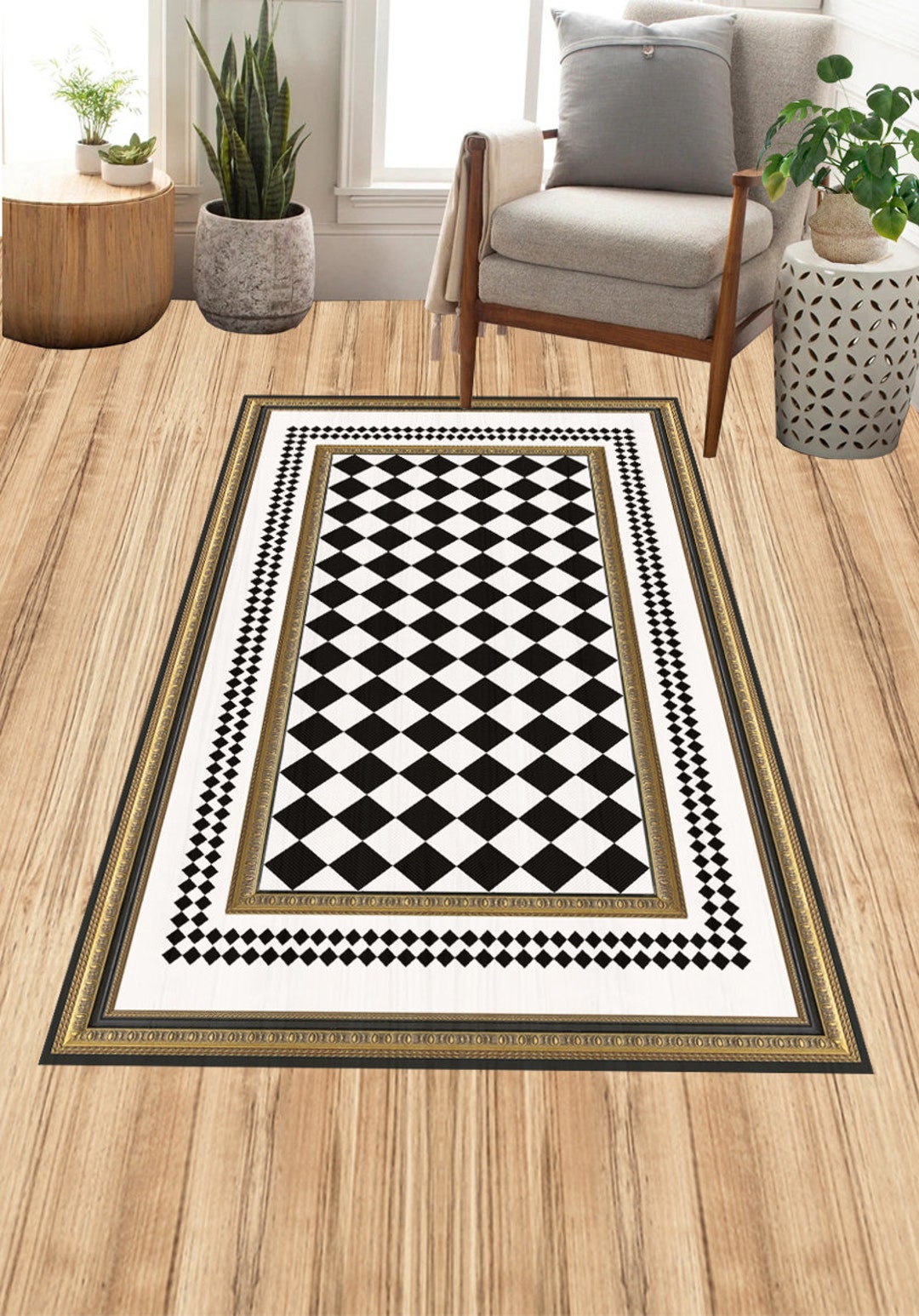 Black and White Geometric Vinyl Floor Mat: Kitchen Rug - Etsy
