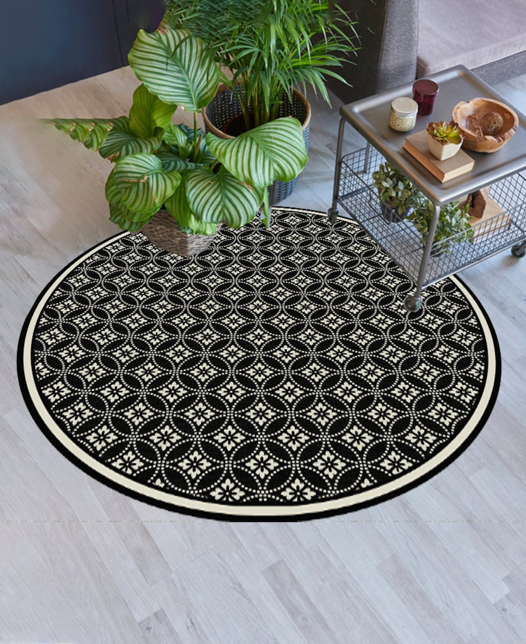 Round Vinyl Floor Mat: Moroccan Tile Rug, Black Linoleum - Etsy