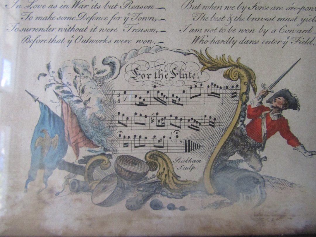 1700's Sheet Music Framed, Antique Hand-colored Sheet Music, Vintage ...