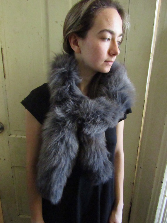 Gray Fox Tail Stole, Slate Gray Fur, Vintage Fur - Gem