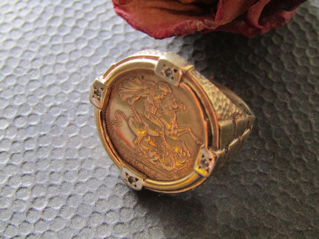 St. George Gold Ring Sz. 8 3/4, 9 Kt. Gold Medallion Diamond Ring, Men ...