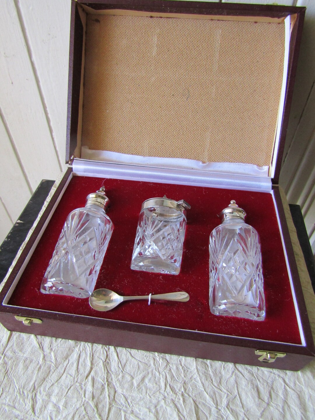 Boxed Sterling Silver Pressed Glass Condiment Set, British Sterling ...