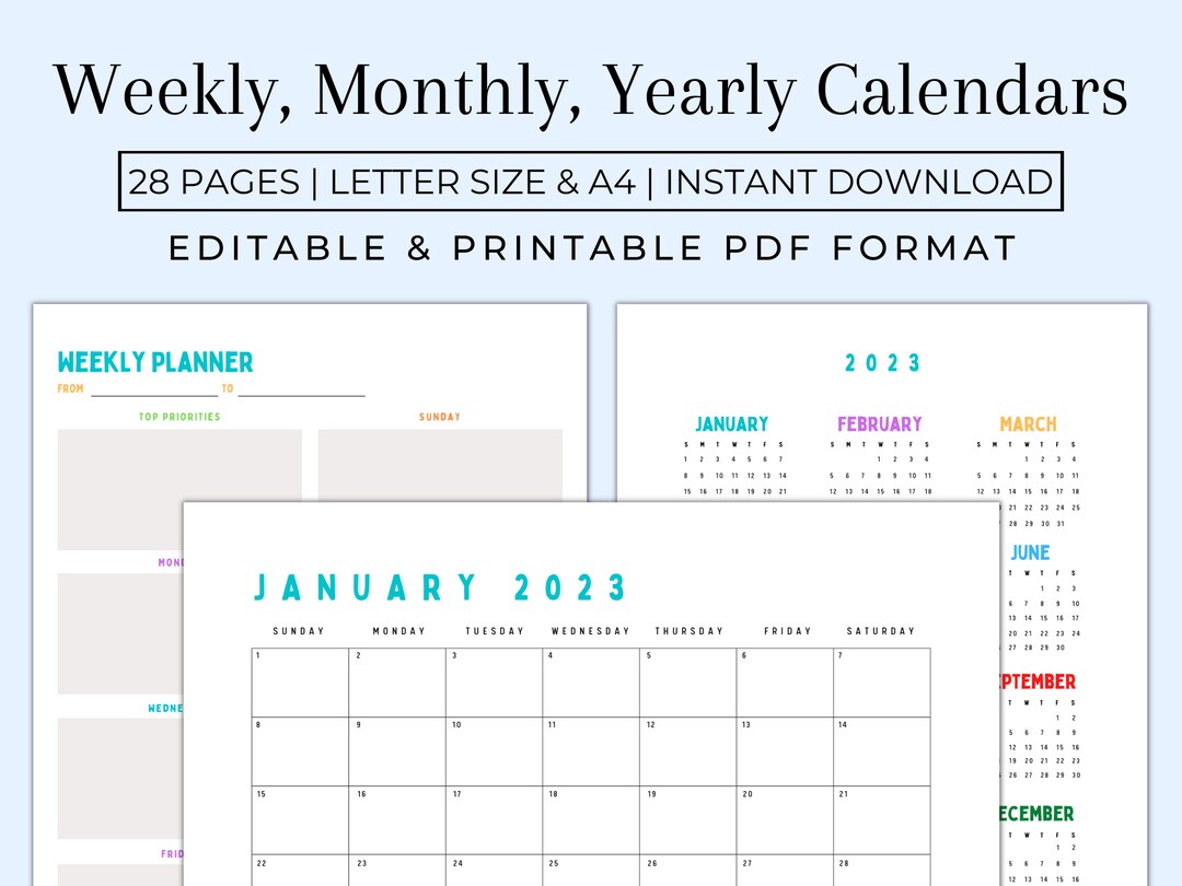 2023 Printable & Editable Simple Calendar Bundle Monthly Calendar ...