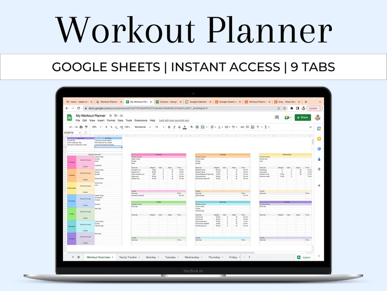 Workout Planner Fitness Planner Journal Google Sheets Fitness Tracker ...