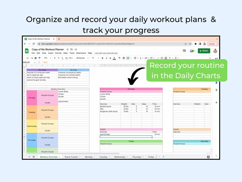 Workout Planner Fitness Planner Journal Google Sheets Fitness Tracker ...