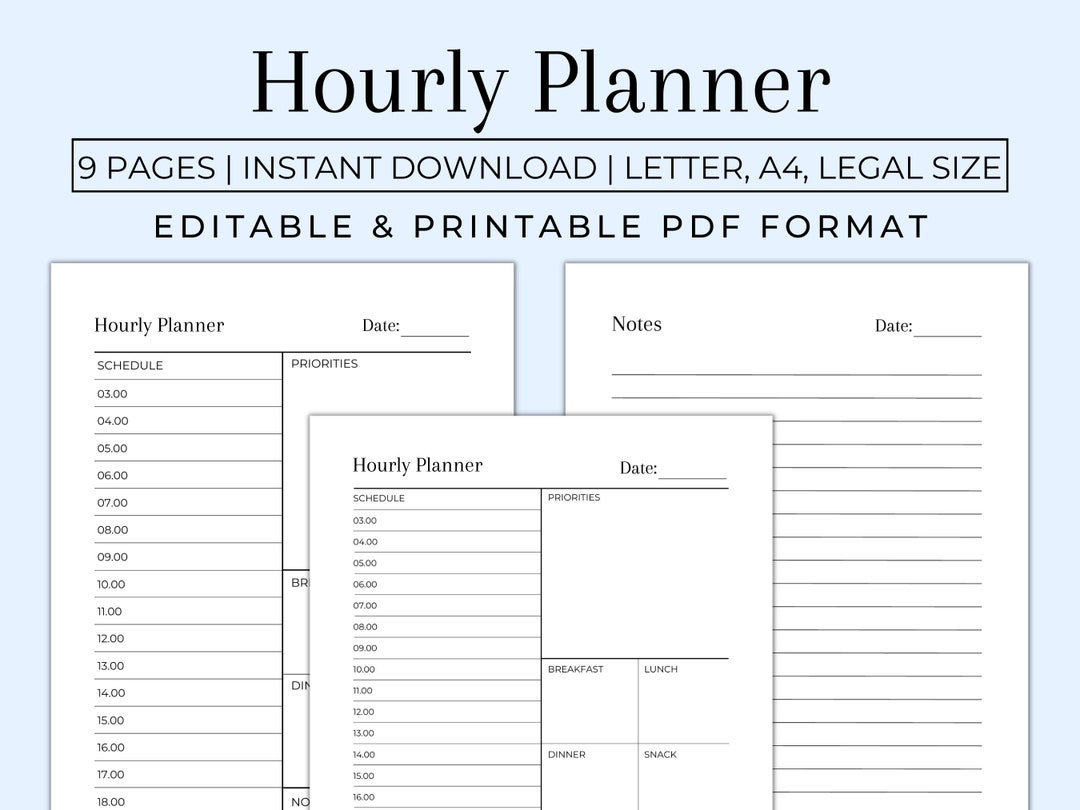 Hourly Planner Printable Daily Planner Downloadable Editable Planner ...
