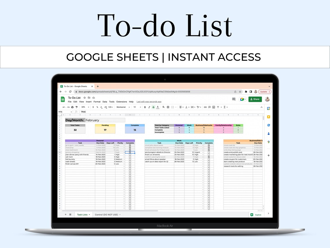 To Do List Daily to Do List Template Google Sheets Task List Task Tracker Goal Setting Digital ...