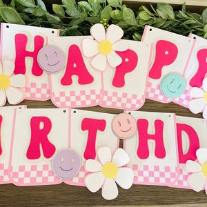 Pink Smiley Face Banner, Happy Girl Banner, Checkered Banner, Retro ...