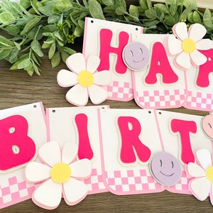 Pink Smiley Face Banner, Happy Girl Banner, Checkered Banner, Retro ...