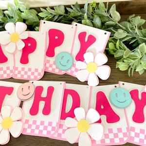 Pink Smiley Face Banner, Happy Girl Banner, Checkered Banner, Retro ...