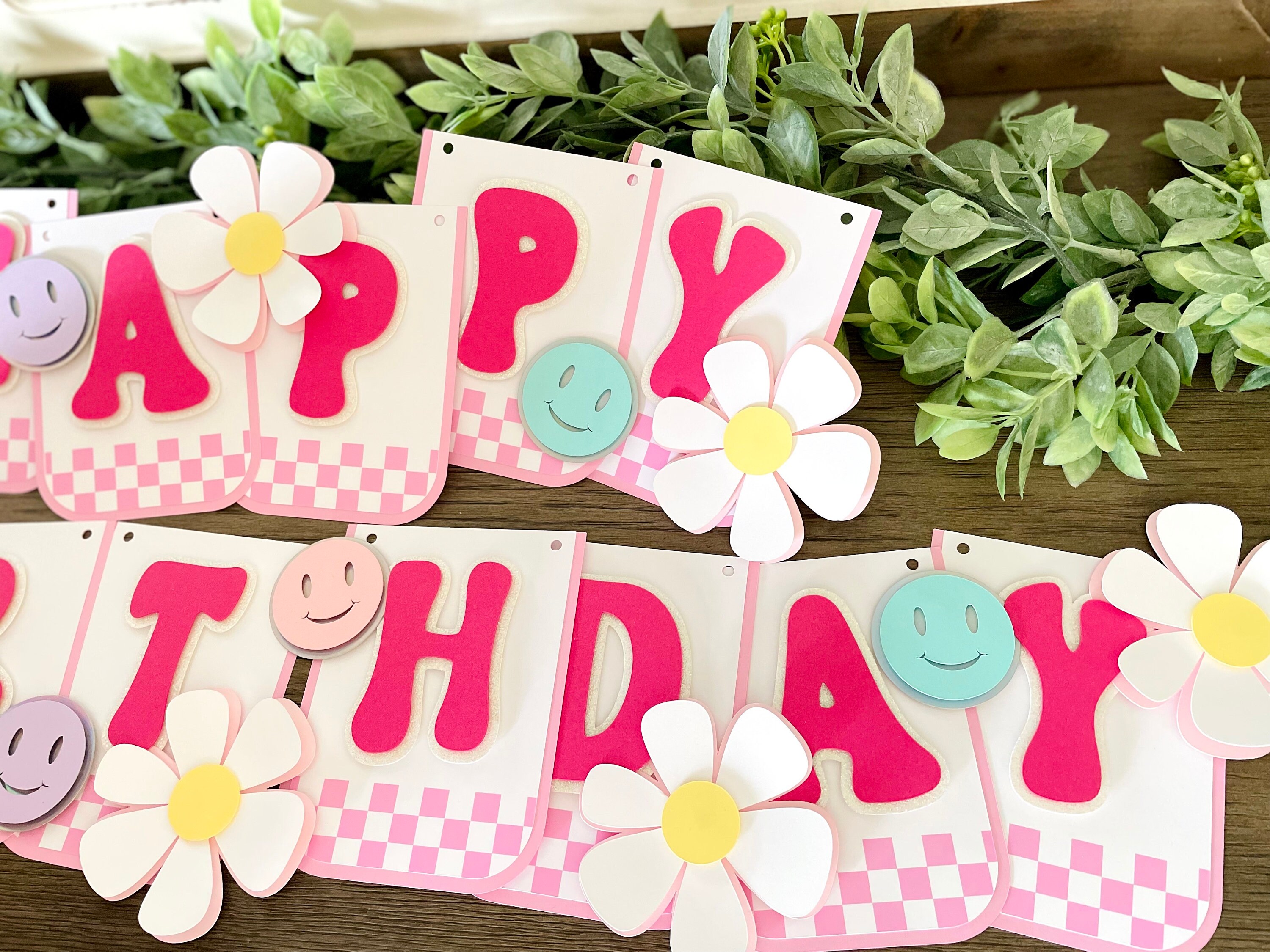 Pink Smiley Face Banner, Happy Girl Banner, Checkered Banner, Retro ...