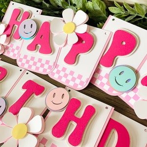 Pink Smiley Face Banner, Happy Girl Banner, Checkered Banner, Retro ...