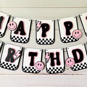 Pink Smiley Face Banner, Happy Girl Banner, Checkered Banner, Retro ...