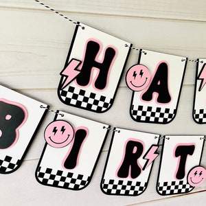 Pink Smiley Face Banner, Happy Girl Banner, Checkered Banner, Retro ...
