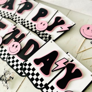 Pink Smiley Face Banner, Happy Girl Banner, Checkered Banner, Retro ...