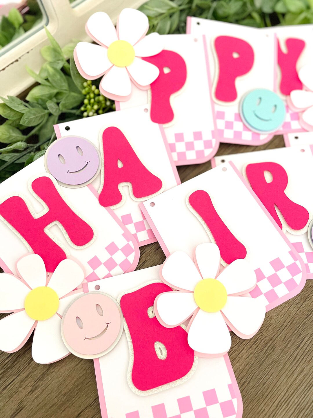 Pink Smiley Face Banner, Happy Girl Banner, Checkered Banner, Retro ...