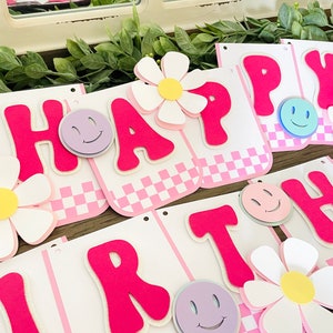 Pink Smiley Face Banner, Happy Girl Banner, Checkered Banner, Retro ...