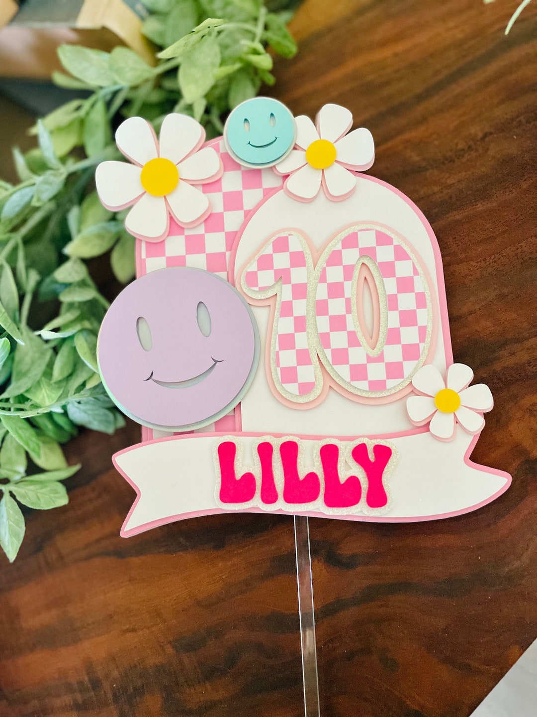 Pink Smiley Face Cake Topper, Happy Girl, Checkered Cake Topper, Retro ...