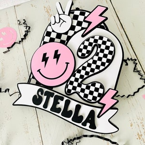 Pink Smiley Face Banner, Happy Girl Banner, Checkered Banner, Retro ...