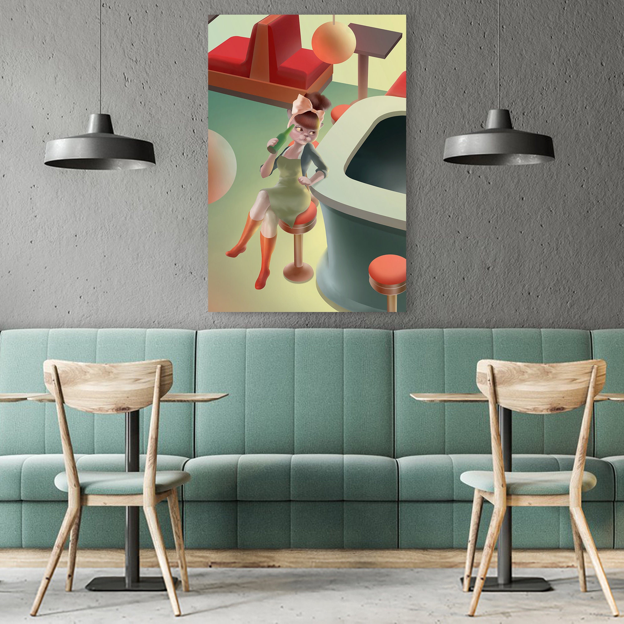 Cat Drinking Beer at Bar Illustration Art Kitchen Poster Wall Art ...