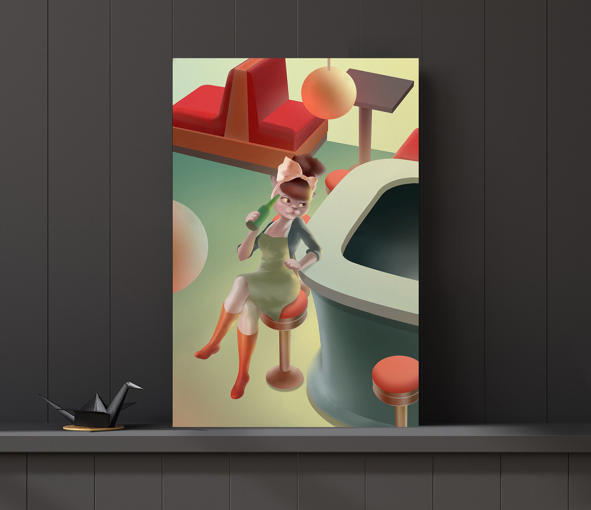 Cat Drinking Beer at Bar Illustration Art Kitchen Poster Wall Art ...