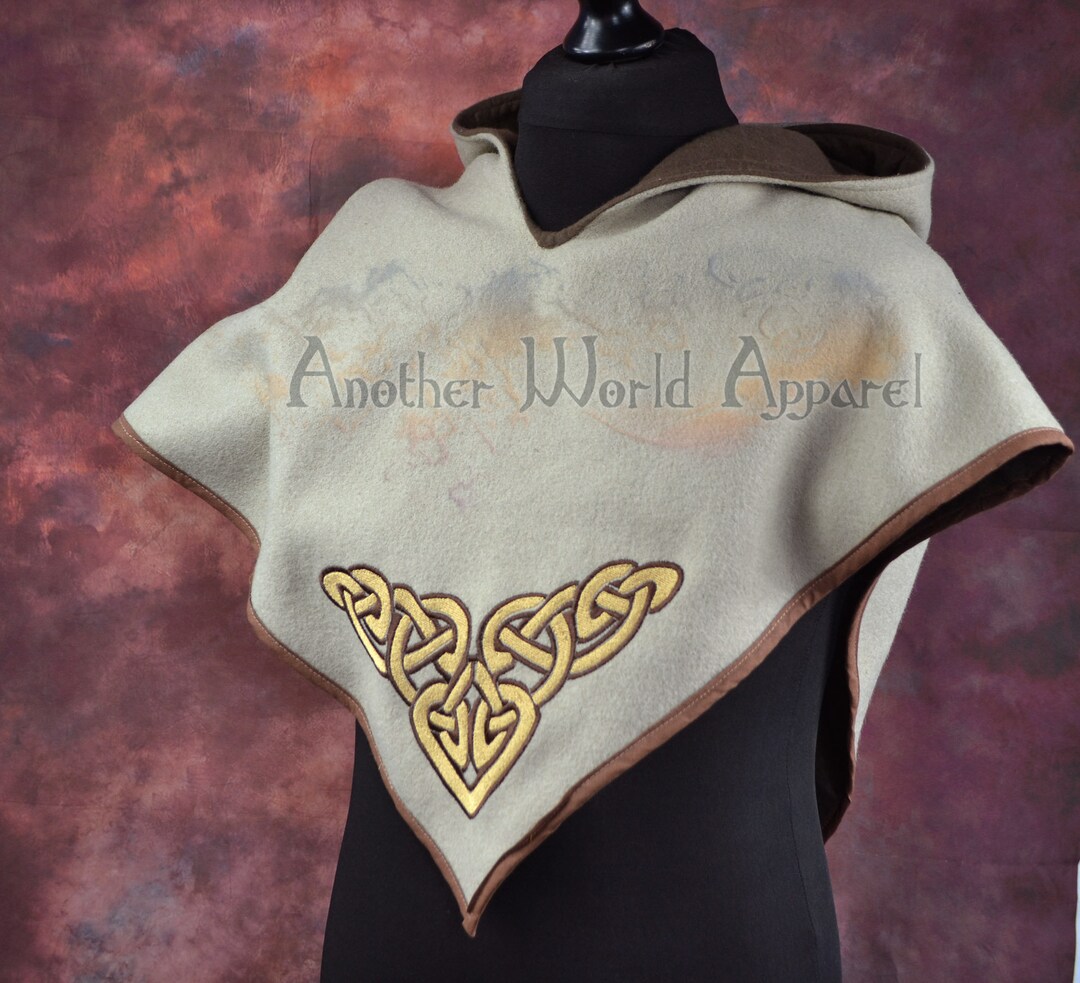 LARGE ADULT Brown and Gold Celtic Knot Embroidered Hood Cowl Viking ...