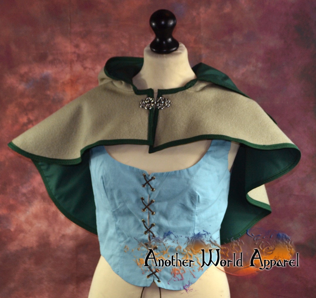 Light Grey Wool With Green Cotton Lining Caplet LARP Cosplay Clothing ...