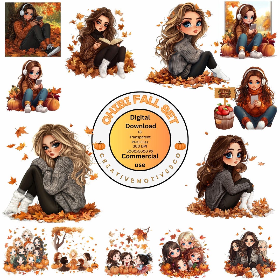 Fall Chibi Clipart: Kawaii Halloween Scrapbooking Designs in PNG - Etsy