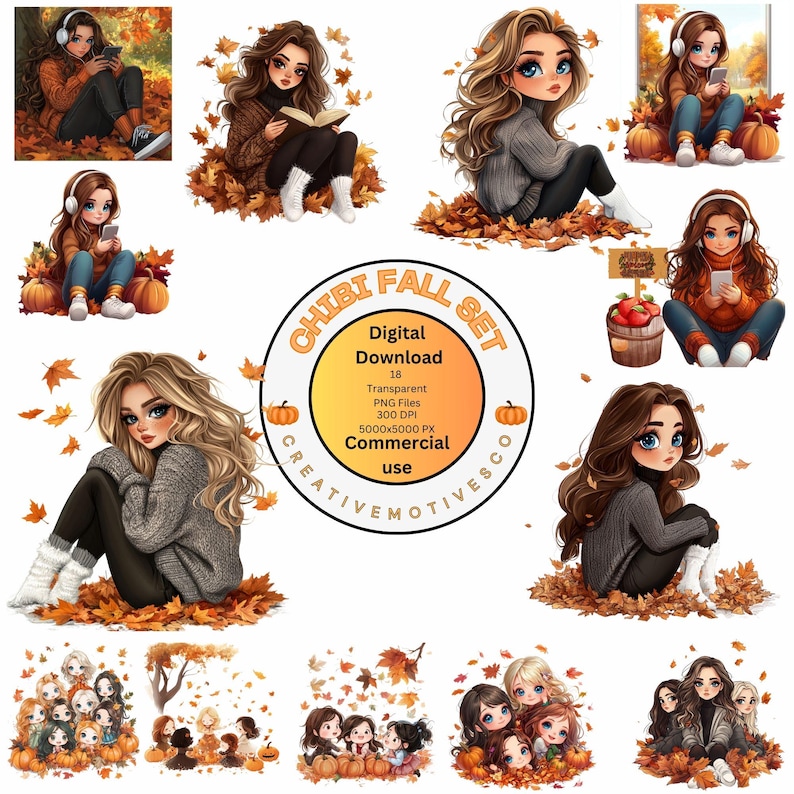 Fall Chibi Clipart: Kawaii Halloween Scrapbooking Designs in PNG - Etsy