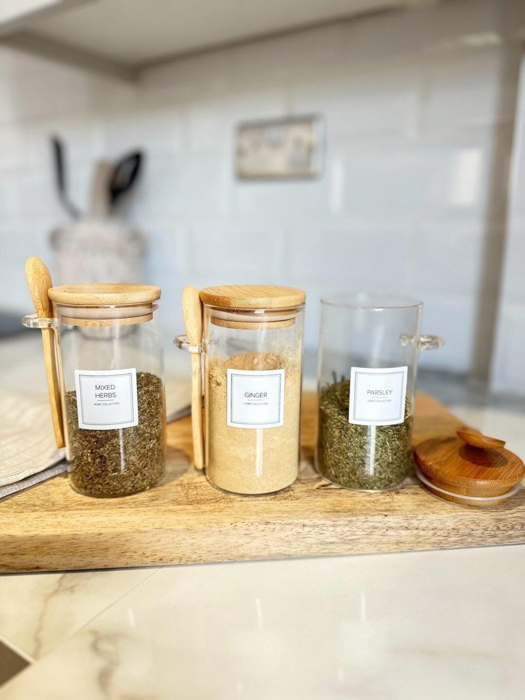 Labelled Clear Glass Herbs and Spices Jar With Bamboo Lid and Spoon ...