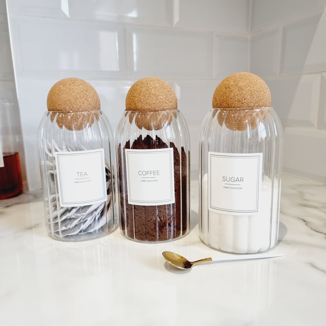 Labelled Ribbed Glass Tea Coffee Sugar Storage Jar Set of 3 - Etsy