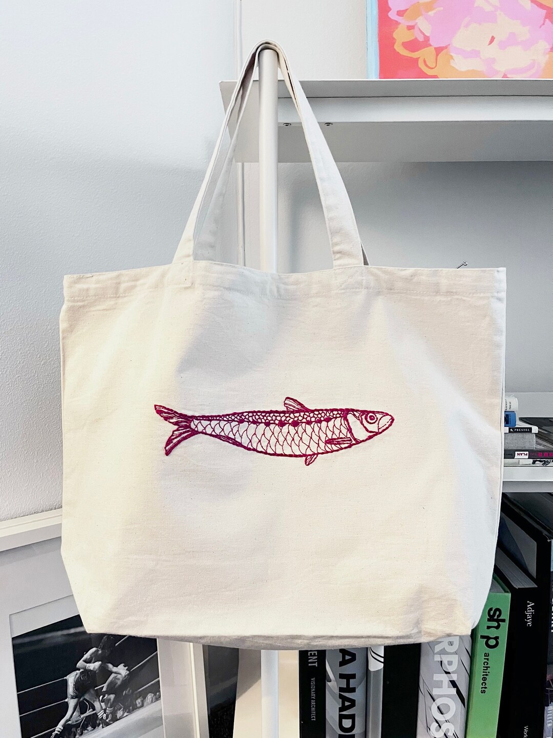 Hand Embroidered Red Sardine Fish Extra Large Canvas Tote Bag ...
