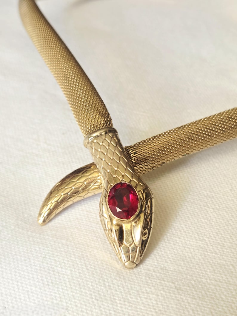 1930s Art Deco Rolled Gold Snake Necklace Bracelet Set, Ruby Red Jewel ...