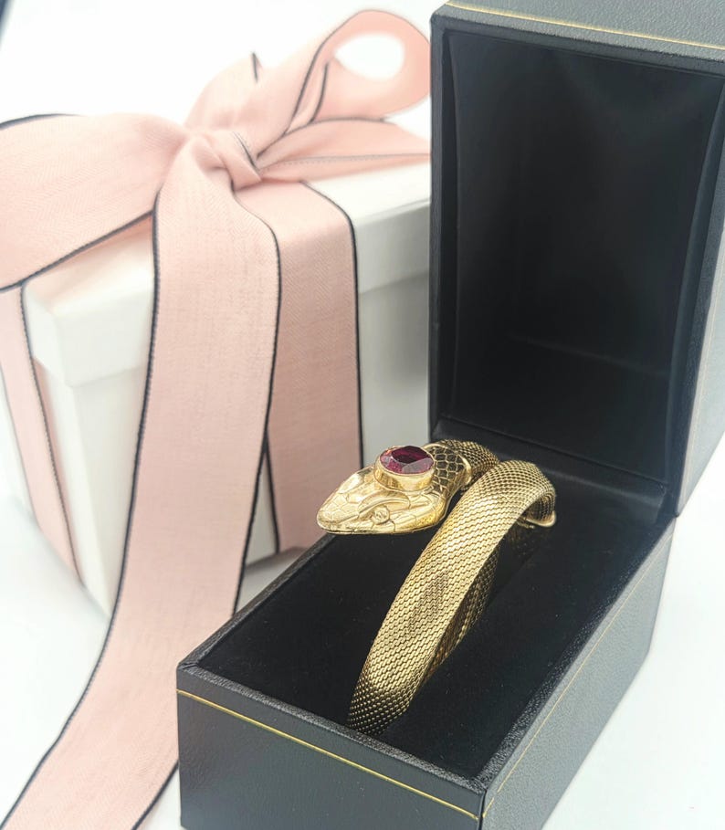 1930s Art Deco Rolled Gold Snake Necklace Bracelet Set, Ruby Red Jewel ...