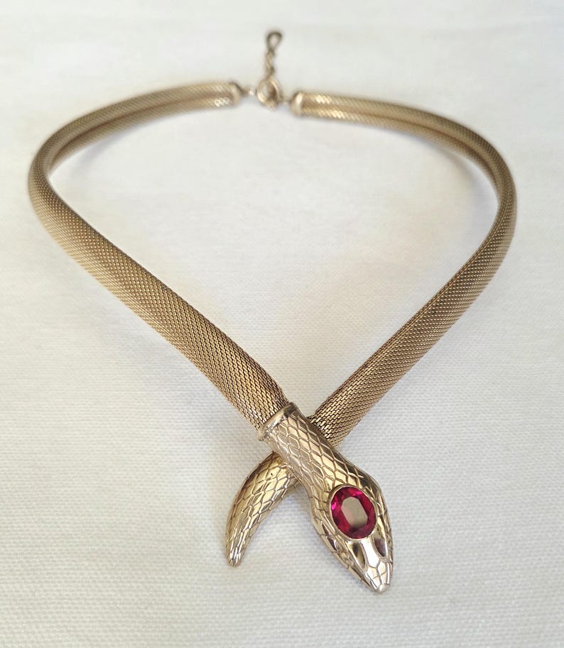 1930s Art Deco Rolled Gold Snake Necklace Bracelet Set, Ruby Red Jewel ...