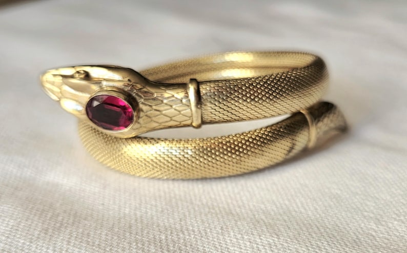 1930s Art Deco Rolled Gold Snake Necklace Bracelet Set, Ruby Red Jewel ...