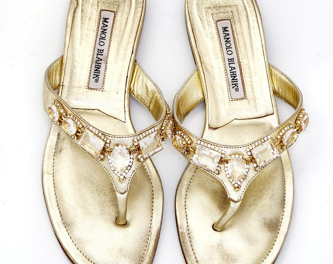 Vintage Manolo Blahnik Gold Lame Thong Sandals With Crystal and ...