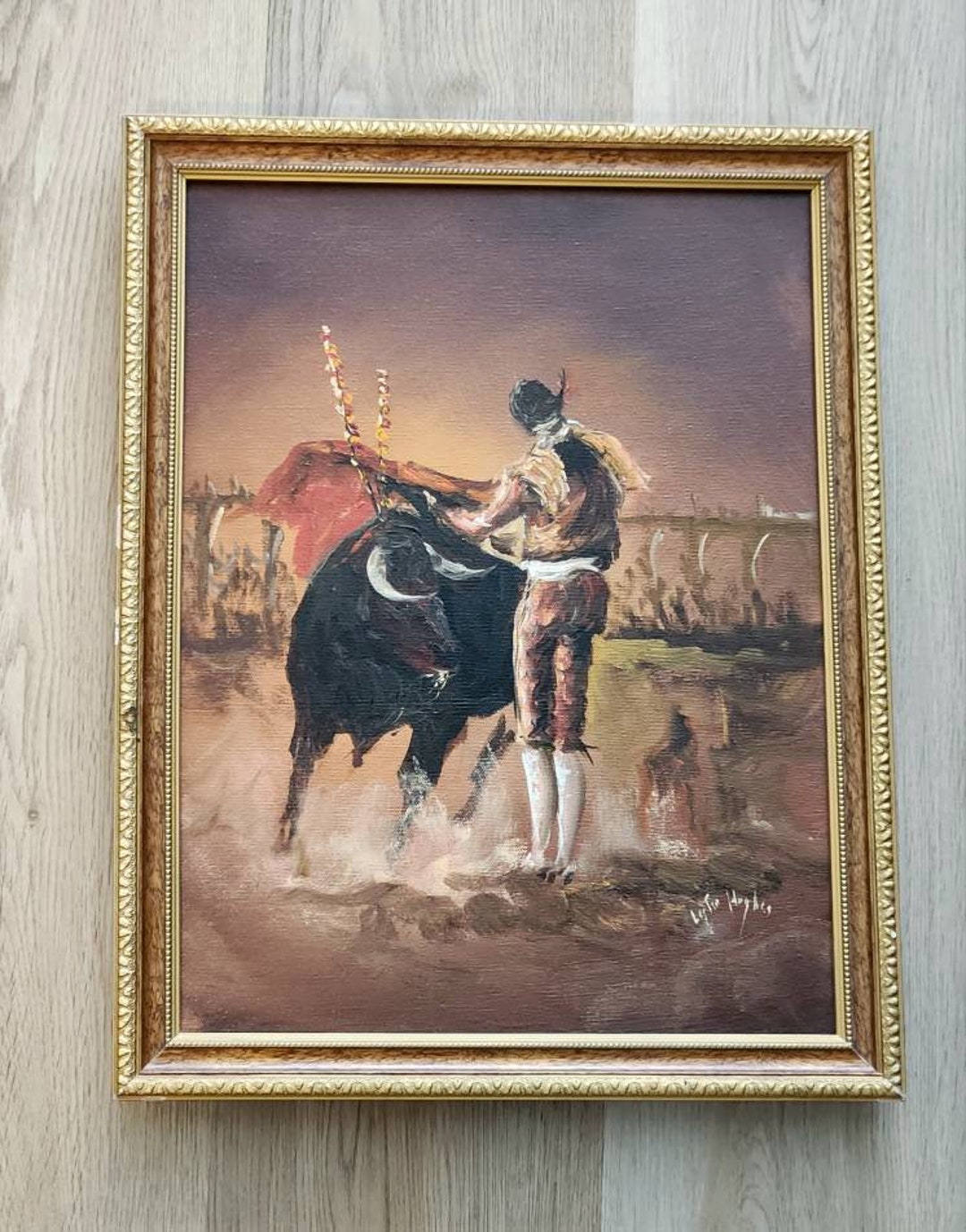 Vintage Lester Hughes Mid-century Modern Bullfight Painting With Ornate ...