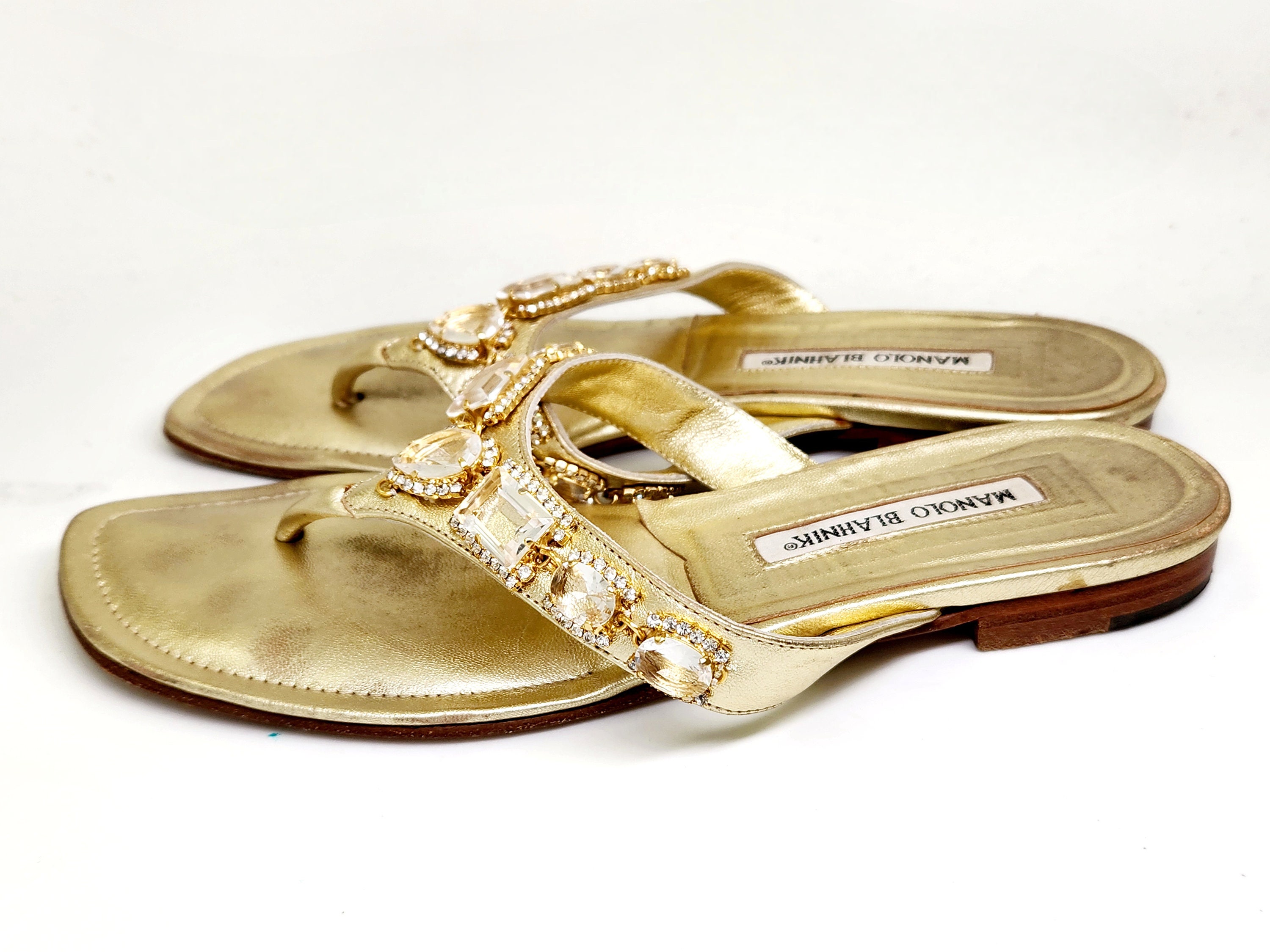 Vintage Manolo Blahnik Gold Lame Thong Sandals With Crystal and ...
