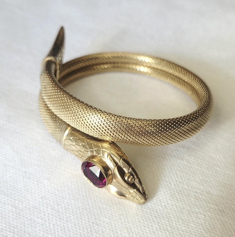 1930s Art Deco Rolled Gold Snake Necklace Bracelet Set, Ruby Red Jewel ...