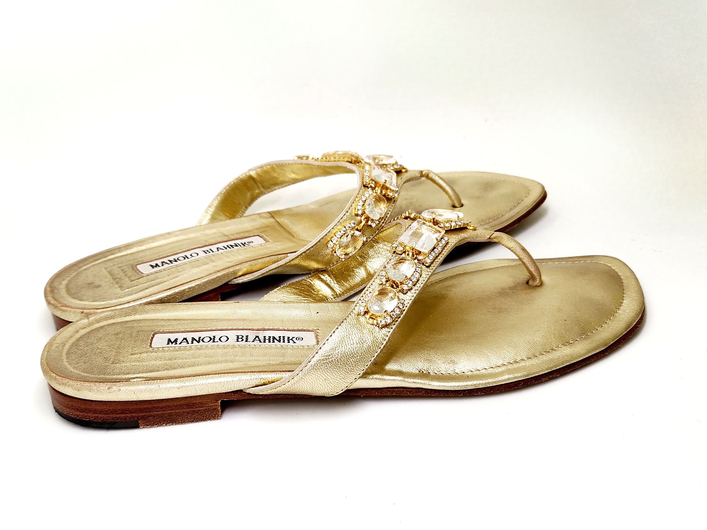 Vintage Manolo Blahnik Gold Lame Thong Sandals With Crystal and ...