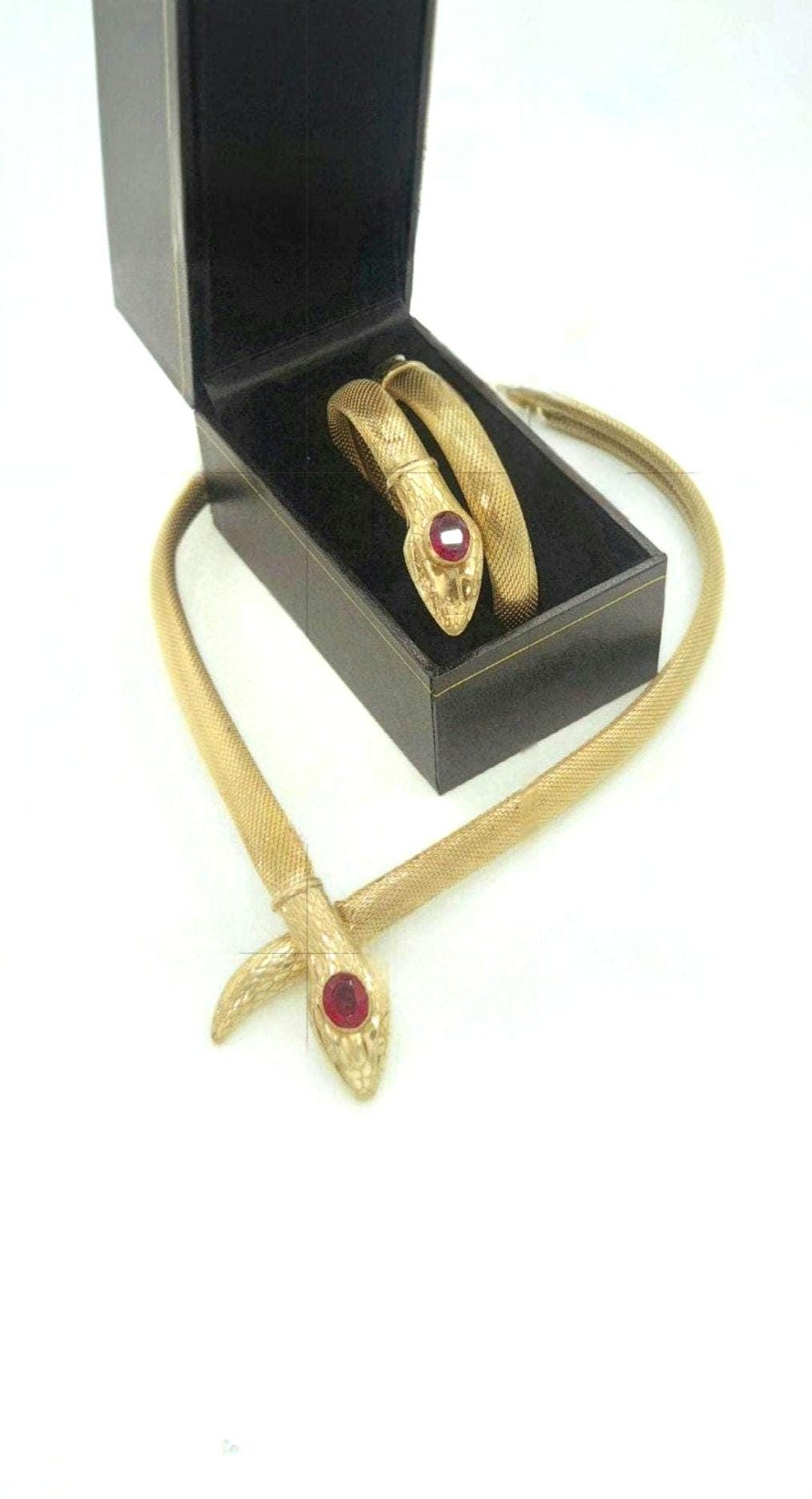 1930s Art Deco Rolled Gold Snake Necklace Bracelet Set, Ruby Red Jewel ...