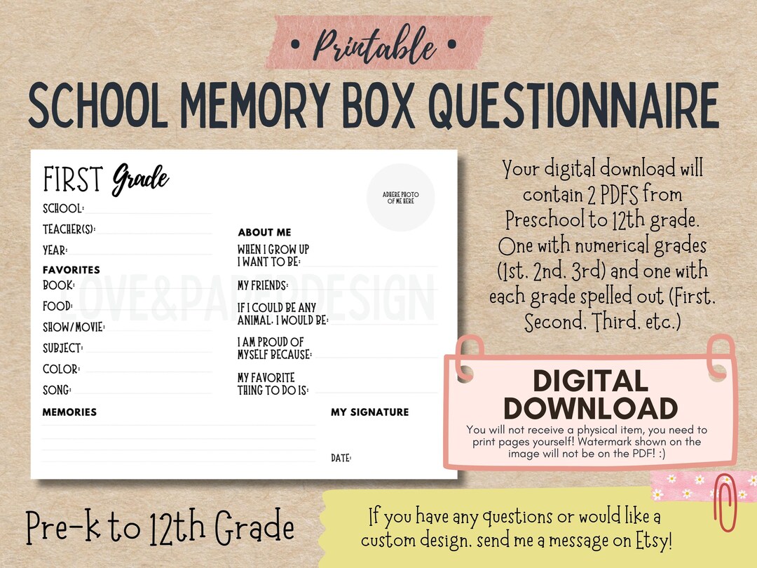 Memory Box Questionnaire L Printable Kids Interview Questions L PDF ...