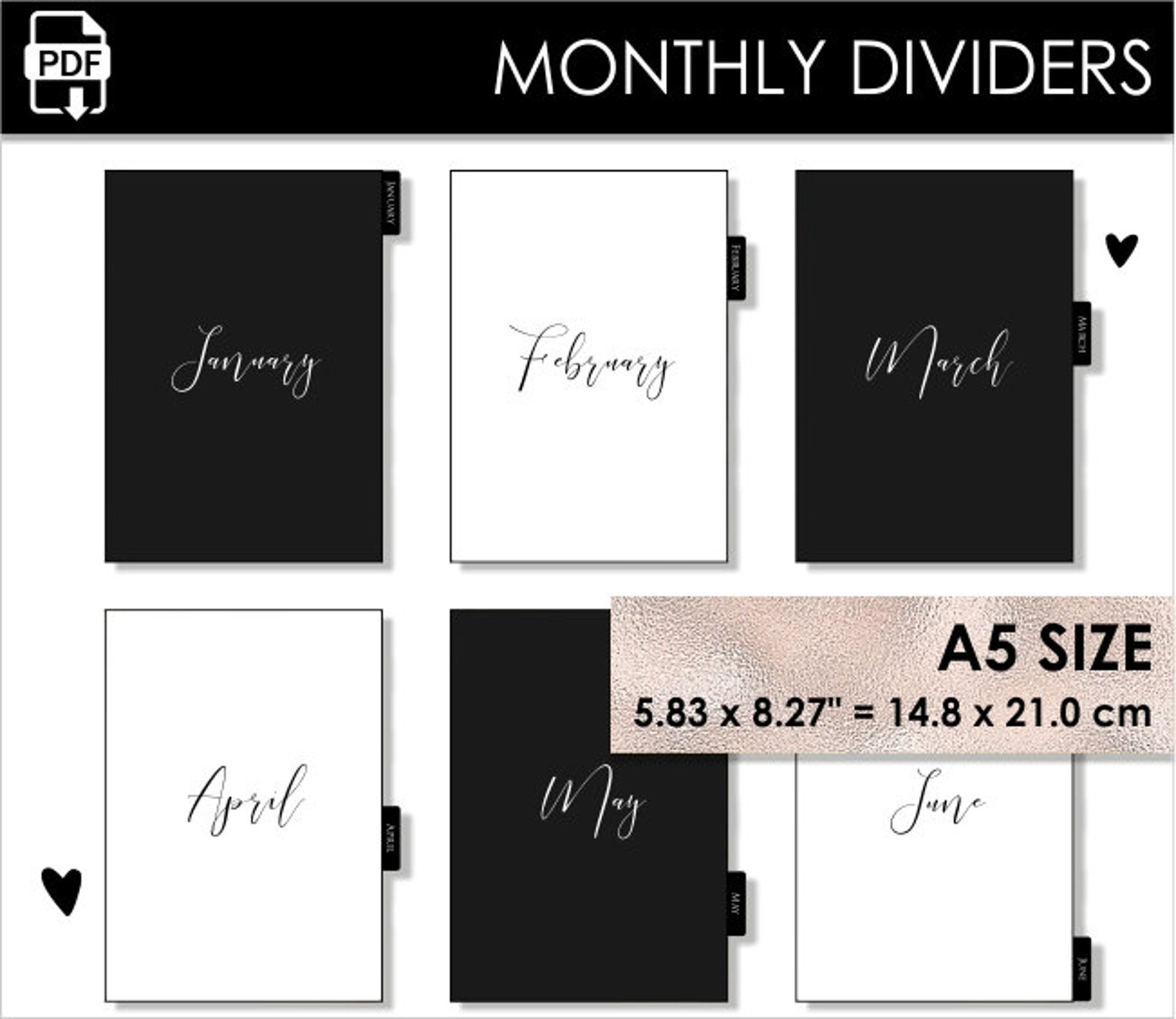 A5 Monthly Dividers Minimalist Black White Planner Filofax | Etsy