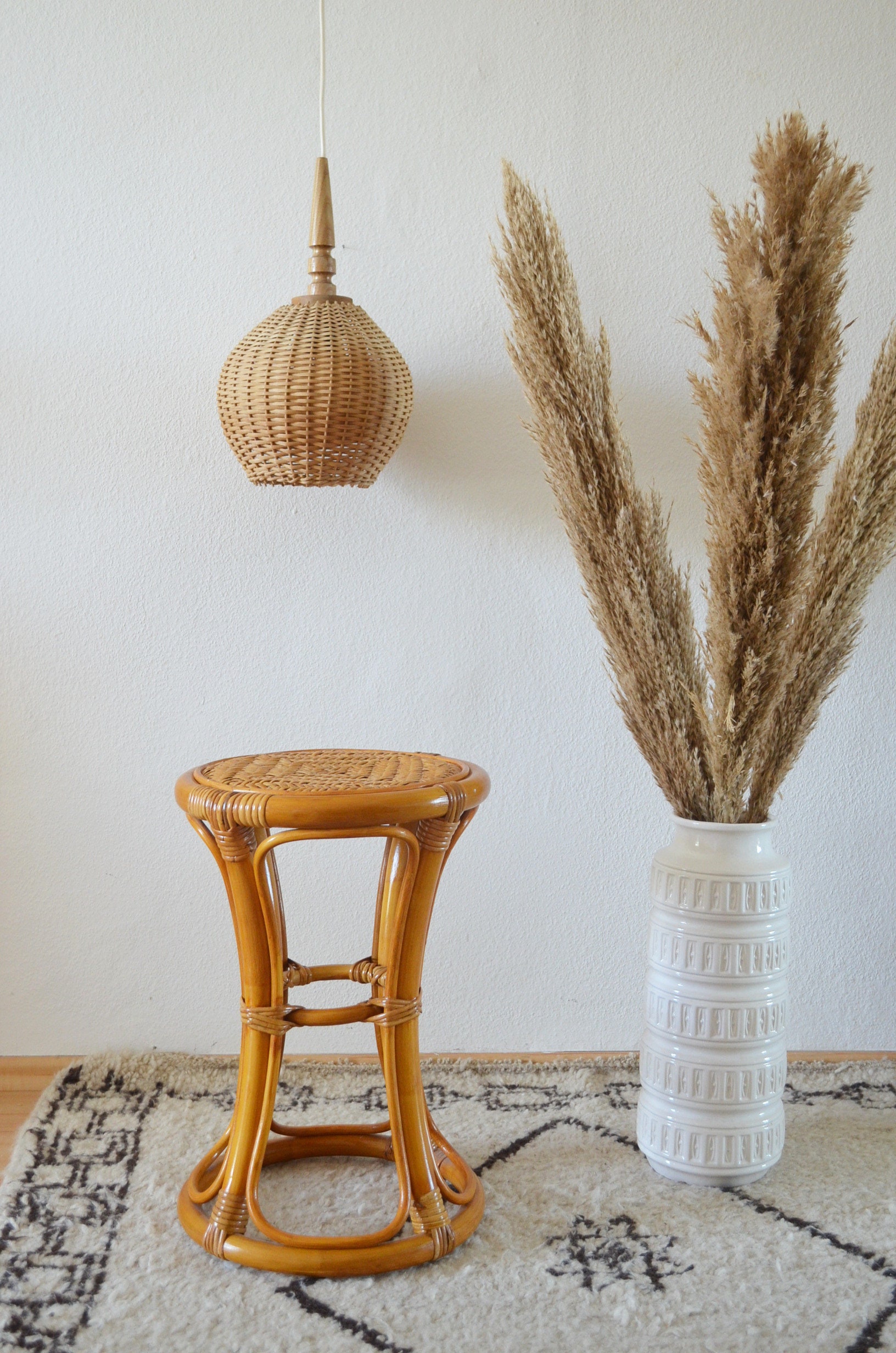 Vintage rattan stool side table white bamboo wicker bamboo stool round ...