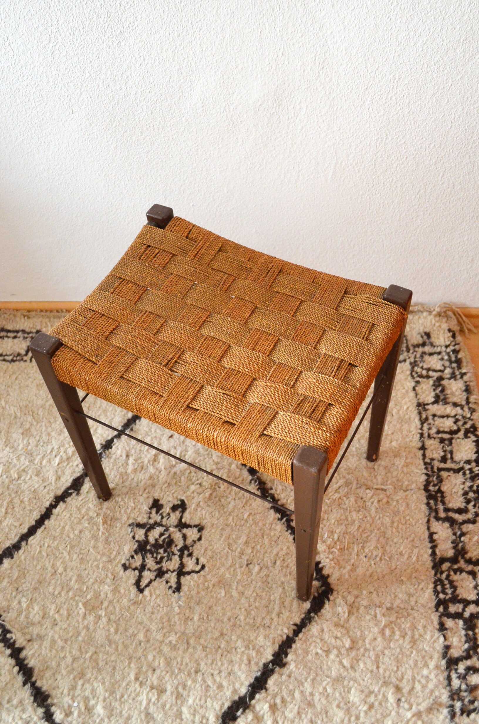 Vintage sisal rattan boho stool wicker mid century