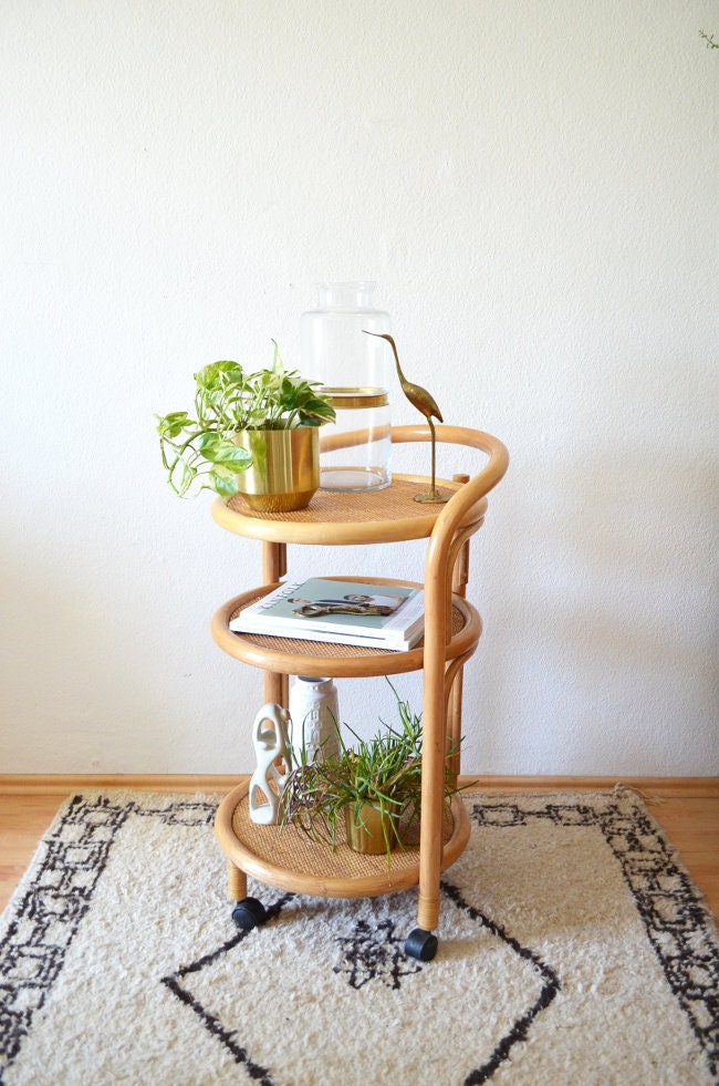 Bamboo Bar cart round trolley occasional table side table boho Rattan